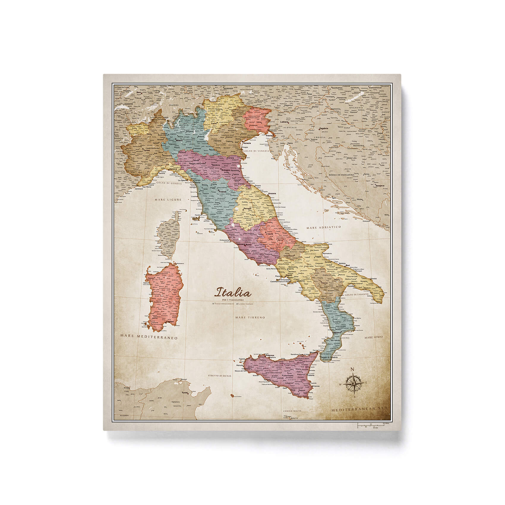 Push Pin Italy Map Vintage Pinboard Gift For Trveler