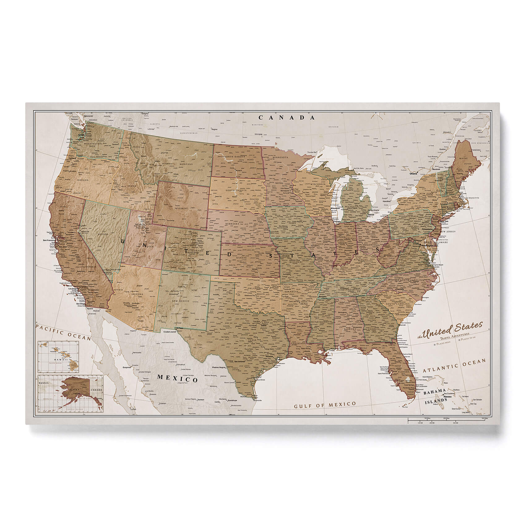 Push Pin USA Map Retro Browns Canvas Pinboard Gift