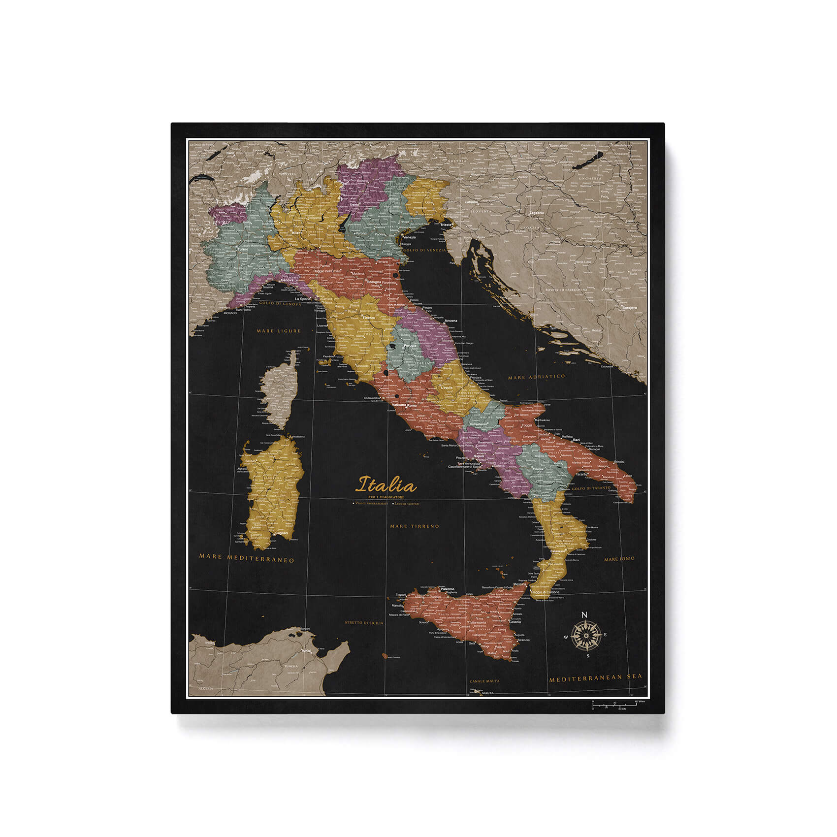 Push Pin Italy Map Black And Gold Pinboard Gift For Trveler
